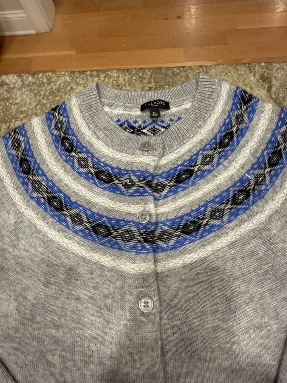 Talbots | Sweaters | Talbots Gray Cardigan With Blue Fair Isle Yoke ...